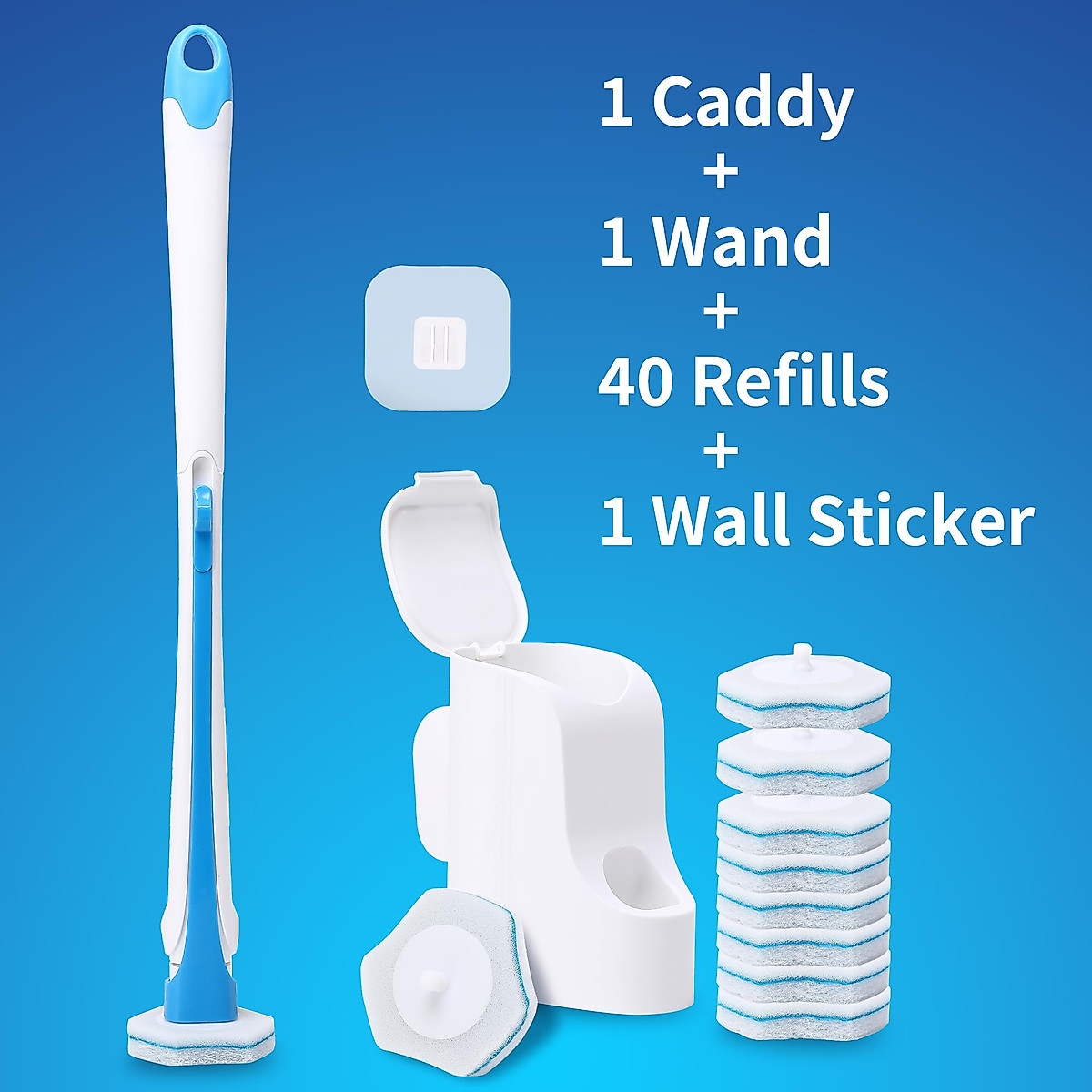 DALIPER Disposable Toilet Brush with 40PCS Refills, Wall Mounted Compact Bathroom Bowl Wand Cleaning System Long Handle with Storage Caddy