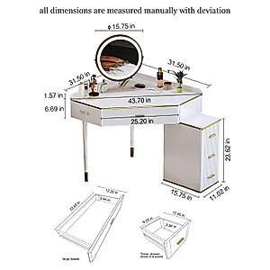 Makeup Vanity Desk with Mirror and Lights, Modern White Corner Vanity Desk, Large Size Corner Vanity Desk, Vanity Table with 4 Drawers, With Power Strip and Nightstand,Writing Desk, White Vanity