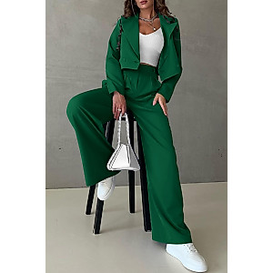 PRETTYGARDEN Women's 2 Piece Casual Outfits Cropped Blazer Jackets High Waisted Wide Leg Work Pants Suit Set (Green,Large)