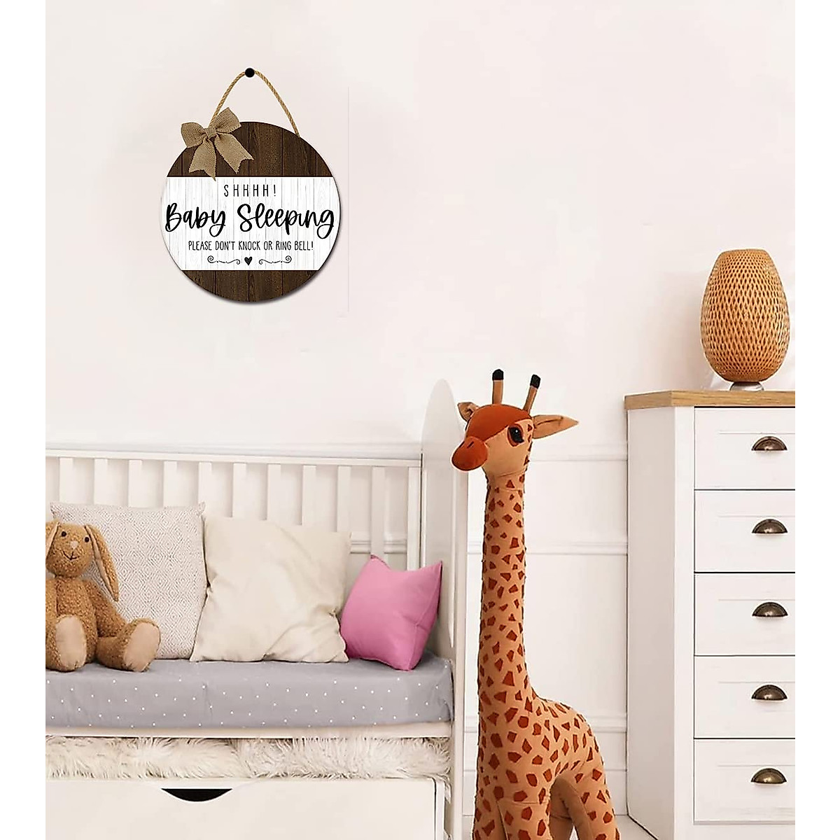 Sokomurg Shhh... Baby Sleeping Sign for Front Door Please Don't Knock or Ring Bell Hanging Sign Plaque, Round Rustic Wooden Door Hanger for Baby Room, Nursery, Kindergarten, Bedroom, Door Knob Door Decor