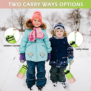 GOPPUS 12 oz Kids Water Bottle with Straw Lid & Spout Lid Vacuum Insulated Stainless Steel Cup Double Wall Kids Metal Water Bottles For School Boys Girls (Olive Pink 2 Lids)