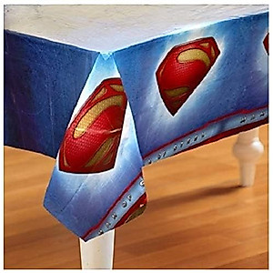 Superman Birthday Party Supplies Bundle includes Plates, Cups, Napkins, Table Cover, Invitations, Thank You Notes, Cape, Hanging Decoration, Centerpiece, Tattoo