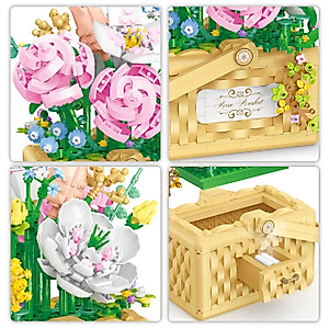 Sopu Flower Bouquet Building Kit Bonsai Rose Fowers, Artificial Flowers Building Blocks Set, Valentines Day Gifts for Him Her, Birthday Gifts Valentines Gifts for Her Women (Pink Flower Basket)