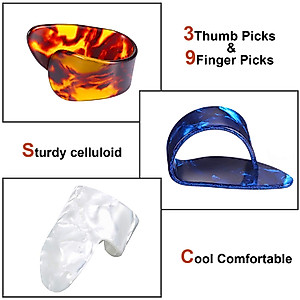 Thumb Picks Finger Picks, Medium, Flat Thumbpicks, Celluloid Guitar Thumb Finger Picks with Storage Box Case (12 Pieces, Thumb Finger Picks)