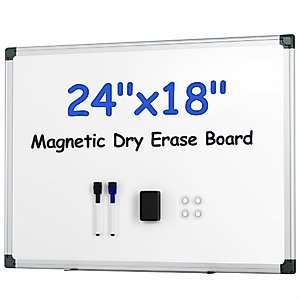 VUSIGN Magnetic White Board Kit for Wall 24" x 18", 1 Dry Eraser & 2 Multicolor Markers & 4 Magnetic Pins, Sliver Reinforced Aluminum Frame for Home, School, Office