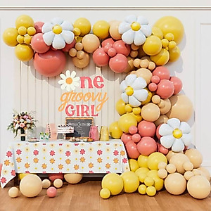 Beaumode Groovy Daisy Balloon Garland Arch Kit 143pcs for Floral Mother's day Best Mom Ever Boho Retro Spring Floral Girls One Two Birthday Baby Shower Party Decorations