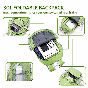 30L Green Lightweight Foldable Large Capacity Backpack for Men and Women - Waterproof Backpack for Travel Sports, Outdoors, Camping and Hiking - Adjustable Shoulder Straps and Multiple Compartments
