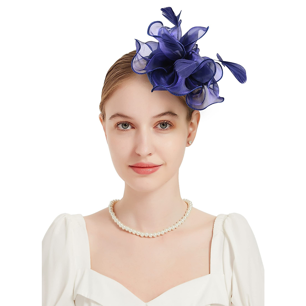 QDC Fascinators Hat Tea Party Derby Headwear Wedding Cocktail Hair Clip Bowler Feather Flower for Girls and Women Darkblue