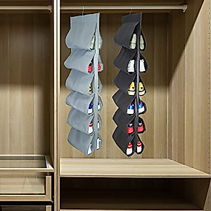 asoqwal 2 Pack 12 Large Pockets Hanging Shoe Organizer for Closet with Roating Hanger for Storage Mens Shoes,Kids Clothes,Also can used as Travel shoe rack hanging,Grey