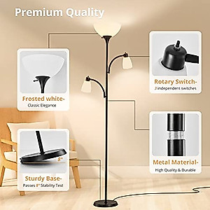 LEDIARY 72" Floor Lamp, Modern Torchiere Floor Lamp with 2 Adjustable Reading Lamp, 8W 3000K 750LM (3 Bulbs Included) Standing Lamp, Black Floor Lamps for Living Room, Bedroom, Office