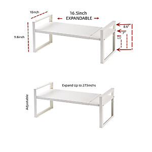 lonpute Expandable Cabinet Shelf Organizers，Adjustable Height Cabinet Cupboard， Kitchen Counter Shelves, Stackable, Expandable, Metal(White - 2 Tier)