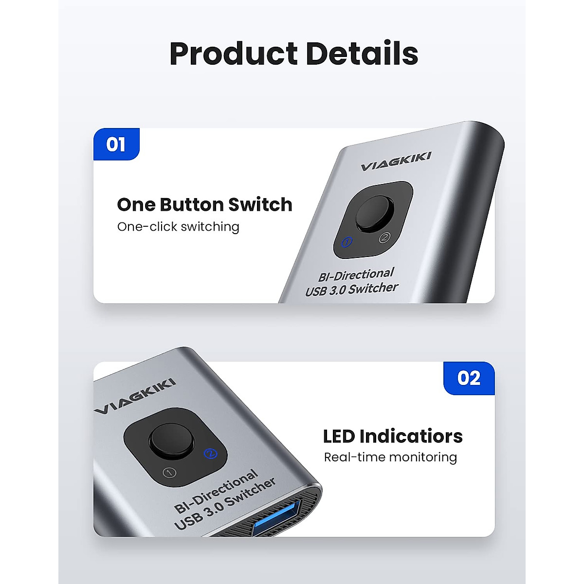 USB Switch 3.0 KVM Switch,Bi-Directional USB Switch Selector 2 in 1 Out/1 in 2 Out, Viagkiki USB Switcher 2 Computers Share 1 USB Devices for PCs Mouse Keyboard Printer Scanner (with 2 USB 3.0 Cables)