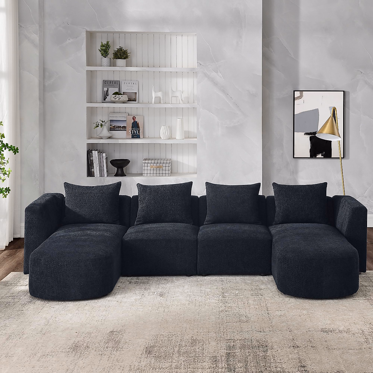 DEINPPA U Shape Modular Sectional Sofa, Minimalist Style Modular Couch, 4 Seat Cushion Couch with 4 Pillows for Living Room/Apartment, Bouclé Fabric, Black