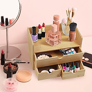 TOLONAG Large Bamboo Makeup Organizer with 1 Drawer and 2 Smaller Drawers, 100+1 Uses, Durable and Smooth
