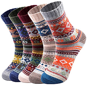 5 Pairs Wool Socks - Wool Socks for Women, Warm Cozy Crew Socks, Warm Winter Socks for Women, Womens Vintage Socks, Thick Knit Cabin Cozy Wool Socks Gifts for Women, 6-10