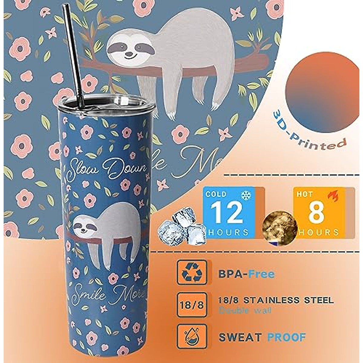 HOMEKOWN 20oz Slow the Sloth Tumbler Stainless Steel Cup Vacuum Insulated Travel Coffee Mug with Splash-Proof Lid Metal Straw