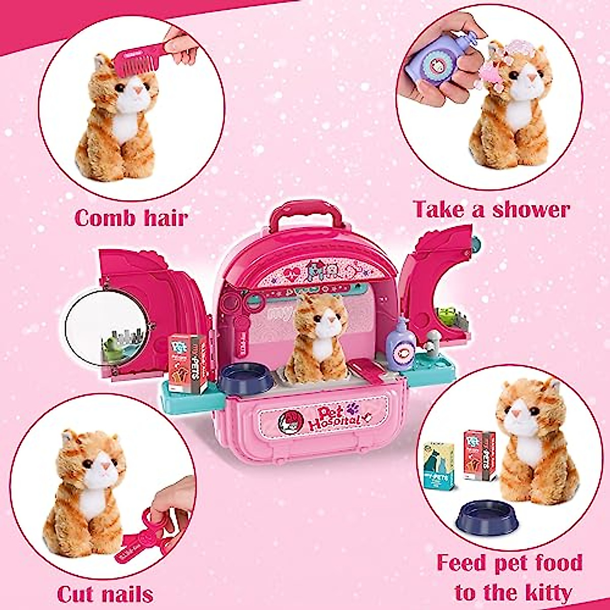 MAGIC4U 3 in 1 Pet Care Carrier Backpack Playset,82PCS Cat Figurines Toys for Kids,Vet Clinic and Doctor Kit for Kids, Pet Veterinarian Medical Role Pretend Play Set for Boys and Girls Ages 3-8