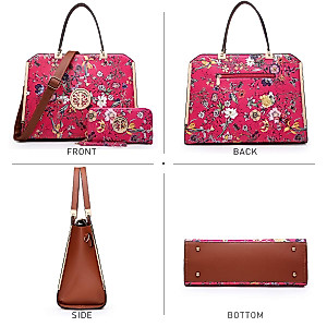 Dasein Women Large Satchel Handbag Shoulder Purse Top handle Work Bag Tote With Matching Wallet (Fuchsia Flower)