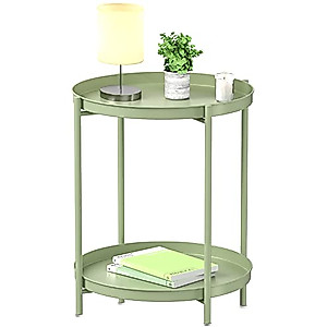 EKNITEY 2 Tier End Table - Metal Side Table Waterproof Small Sofa Coffee Side Tables Bedroom Indoor Outdoor with Removable Tray for Living Room Bedroom Balcony and Office (Atrovirens)