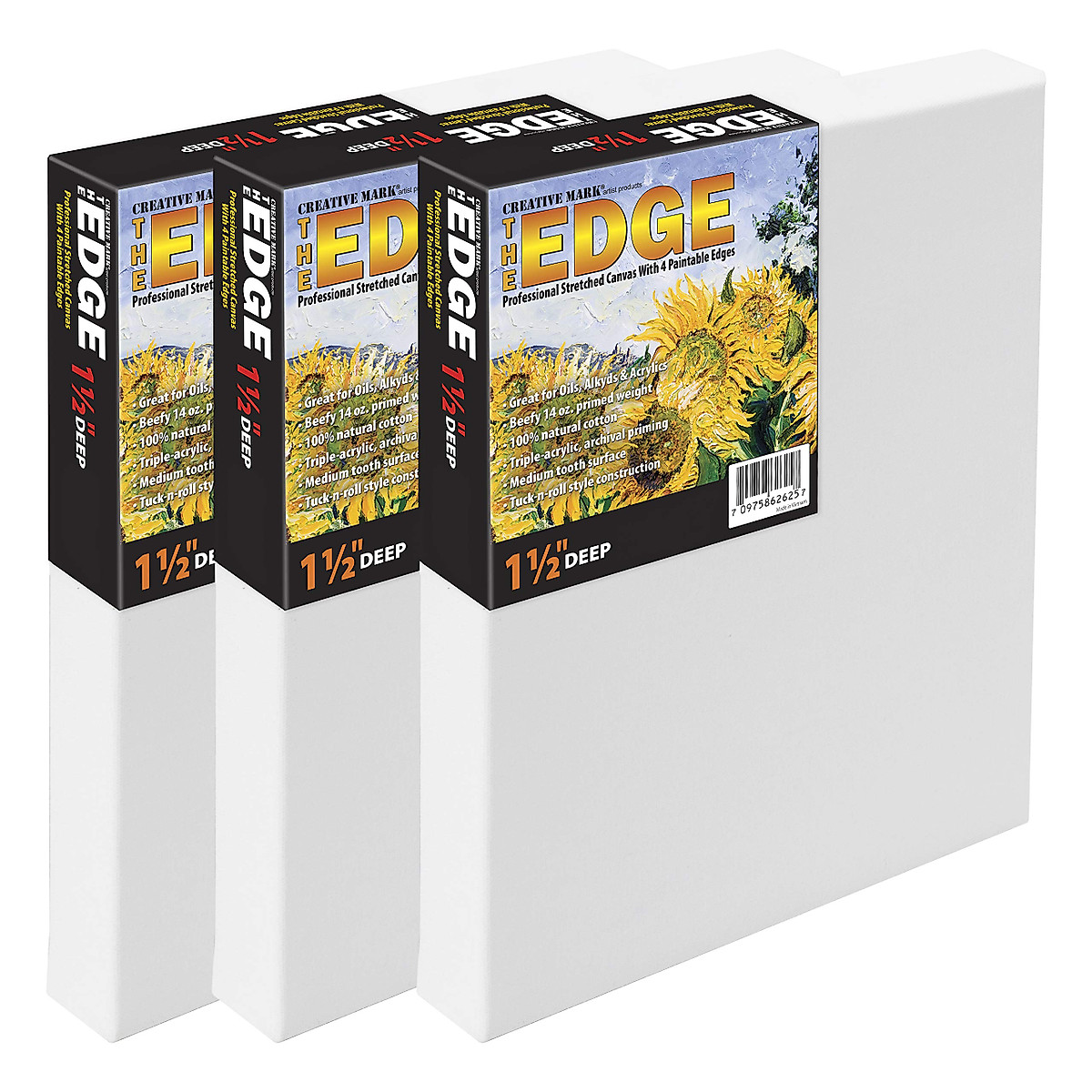 Creative Mark The Edge All Media Cotton Deluxe Stretched Canvas - 12x12" - 3 Pack of 1-1/2'' Deep Triple Acrylic Primed Canvas for Painting