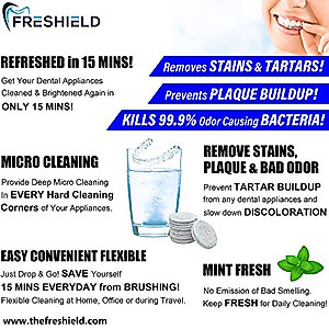 FRESHIELD Retainer & Denture Cleaner Tablets - Remove Stain Plaque Bad Odor, Compatible with Invisalign, Dentures, Retainers, Mouth Guards, Braces, Teeth Straighteners, Night Guards, Dental Appliances