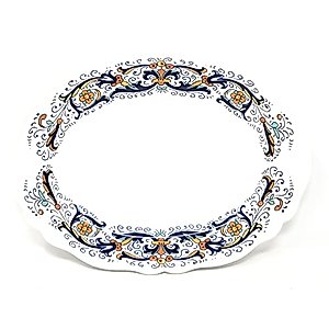 Nova Deruta Orange Fruit and Tulips, Blue Fleur De Lis, Floral Spirals Ceramic Serving Dish Plate Platter, Italian Handcrafted Earthenware for Sur La Table, Deruta, Made in Italy, 9.75" long x 13.25"
