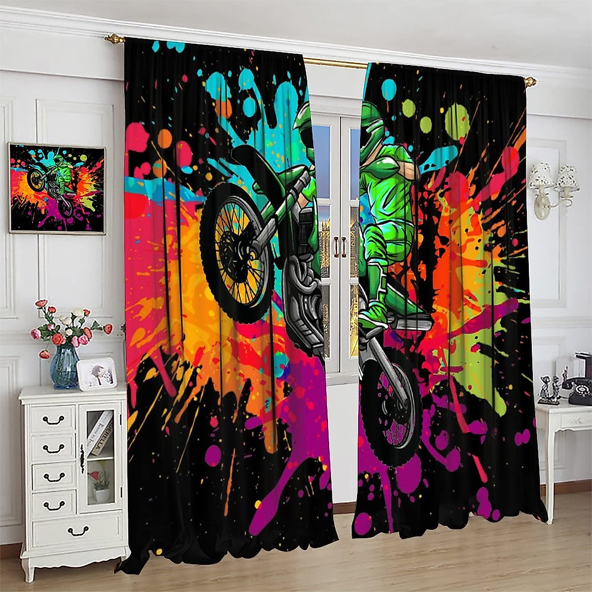 Motorcycle Curtains,Boys Bedroom Youth Children Watercolor Extreme Sports Motocross Printed Window Curtains 52x84in