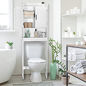 MUPATER Bathroom Over-The-Toilet Storage Cabinet Organizer with Doors and Shelves, Small Freestanding Toilet Space Saver Shelf with Adjustable Bottom Bar and Anti-Tip Design,White