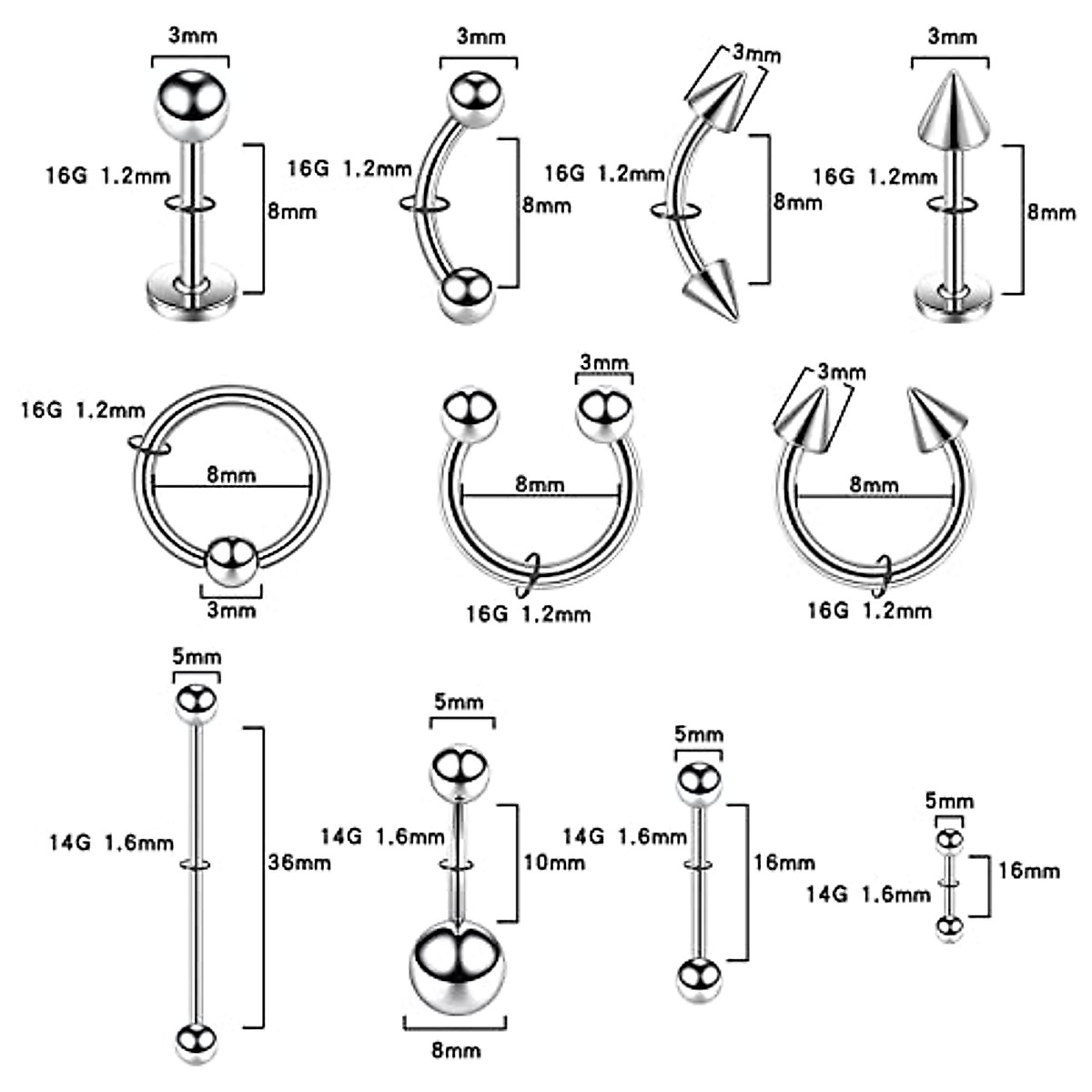 LOYAL BOOK 104pcs Piercing Kit 14G16G Belly Button Piercing Kit Septum Piercing Kit Belly Piercing Kit Piercing Kits for all piercings (Stainless steel color)
