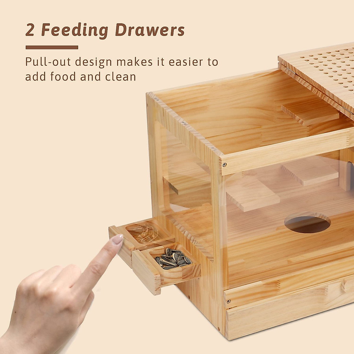 Nisorpa Hamster Cage, Wooden Hamster Habitats with Runner's Carousel & Acrylic Windows 2-Tiers Mice and Rat House Openable Top, Ventilator,Pull-Out Tray for Guinea Pig Chinchilla Small Animal