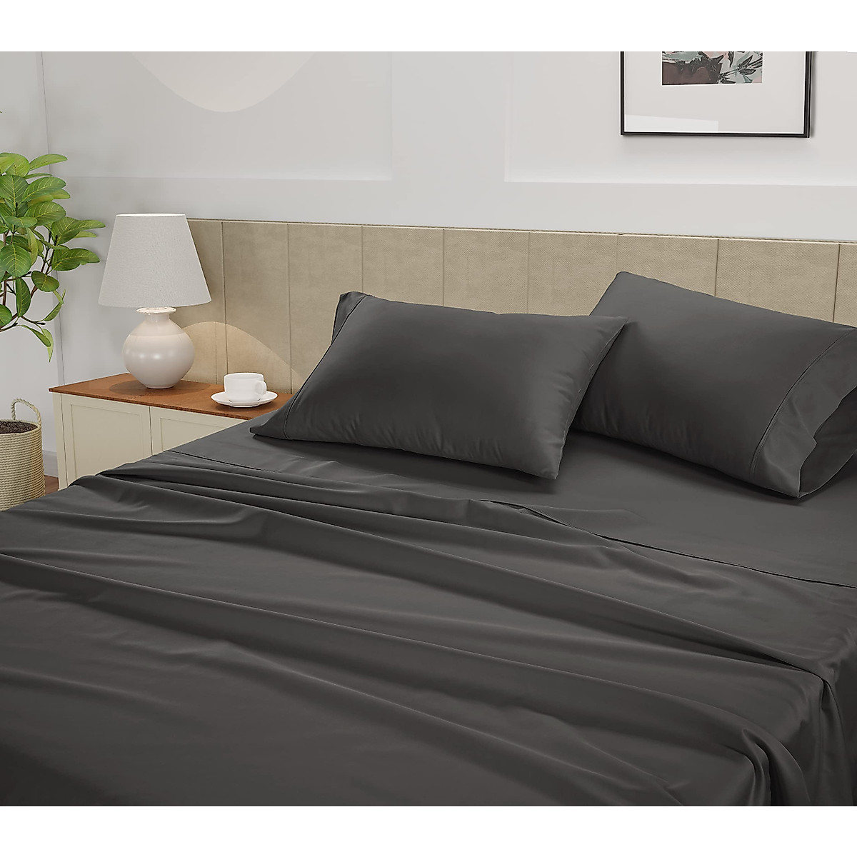 LANE LINEN 100% Cotton Sheets Queen Size Bed Set – 450 Thread Count, Soft & Cooling Sateen Weave, Deep Pocket Fits 15” Mattress, Luxury Hotel Bedding, Queen Bed Sheets, Charcoal