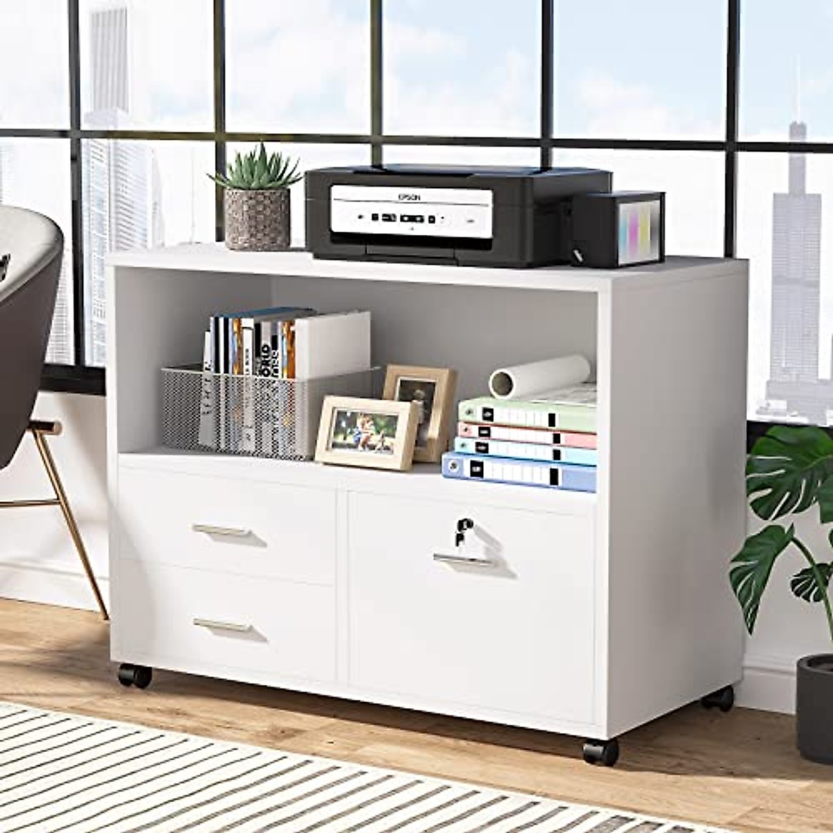 Tribesigns 3 Drawer File Cabinet with Lock, Mobile Lateral Filing Cabinet with Rolling Wheels, Large Printer Stand with Open Storage Shelves for Home Office (White)