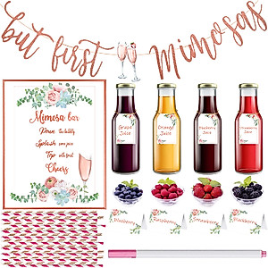 31 Pcs Mimosa Bar Kit Mimosa Bar Sign Banner Poster 4 Champagne Bottle Tags 4 Table Cards 20 Paper Straws 1 Marker 4 Ropes for Bridal Baby Shower Brunch Wedding Fiesta Bar Decor (Gold/Pink/Rose Gold)