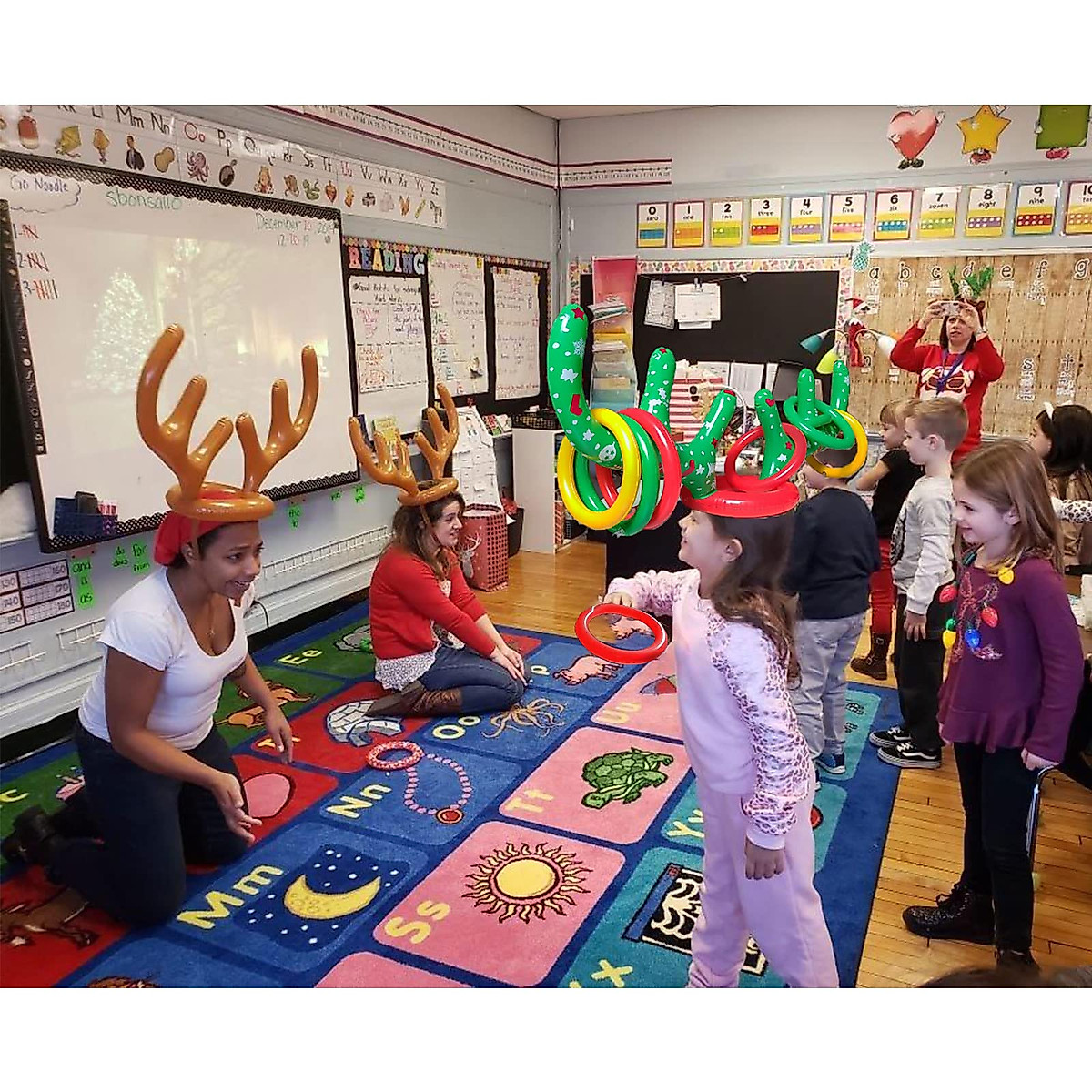 4 Sets Christmas in July Inflatable Reindeer Antler Ring Toss Game School Family Favors Party Gift Supplies Outdoor Indoor Toy (24 Rings with 4 Reindeer Noses)