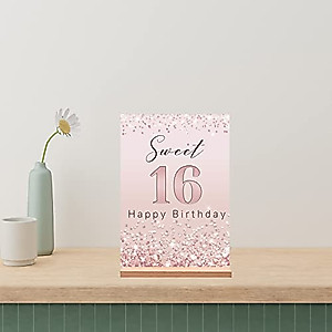 Vlipoeasn Sweet 16 Birthday Table Decoration for Girls, Rose Gold Glitter 16th Happy Birthday Poster, Sweet 16 Acrylic Table Sign with Wooden Stand, 16 Years Old Birthday Centerpieces