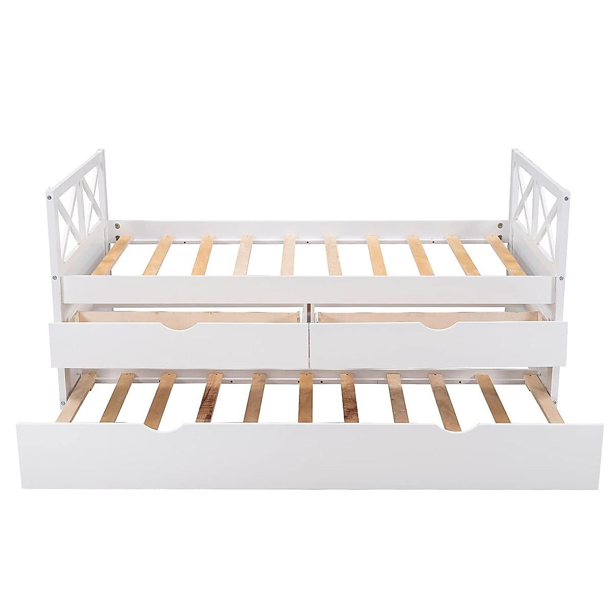 Twin Captain’s Bed, Wood Storage Daybed with Trundle and Drawers, Wooden Platform Bed with Storage for Kids Teens and Adults, White