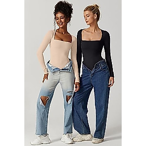 QINSEN Bodysuit Shirts for Women Square Neck Long Sleeve Shirt Double Lined Tops Marzipan M