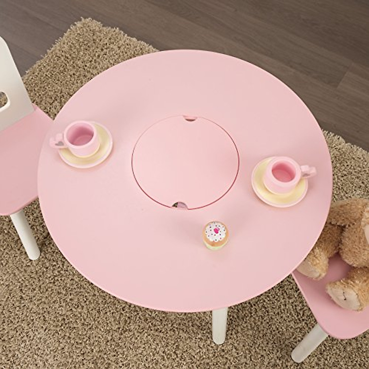 KidKraft Wooden Round Table & 2 Chair Set with Center Mesh Storage- Pink & White, 23.5 x 23.5 x 17.2