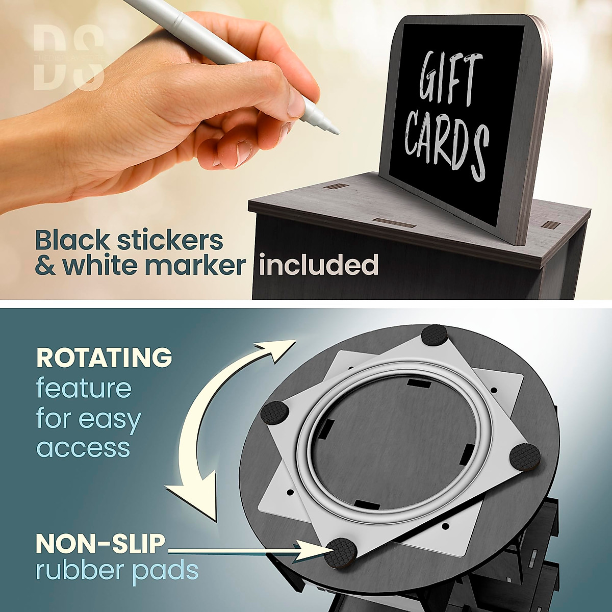 DS THE DISPLAY STORE 3 Tier Rotating Sticker Display Stand for Vendors, Black Wooden Countertop Organizer Shelf for Coasters, Retail, Showcase, Tradeshow