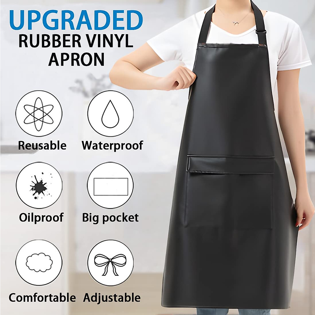 RUIFYRAY Black Vinyl Leather Apron with Pockets for Women, Waterproof for Kitchen, Cooking, Dishwashing, Dog Grooming