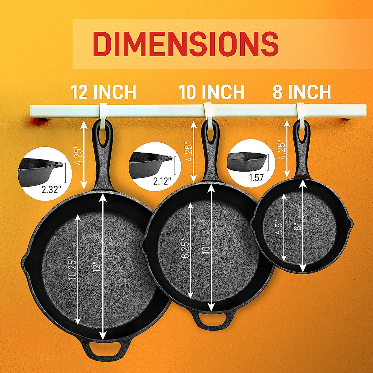 Nutrichef 3 Pieces Kitchen Frying Pre-Seasoned Cast Iron Skillet Pans Nonstick Cookware Set w/Drip Spout, Silicone Handle, For Electric Stovetop, Glass Ceramic