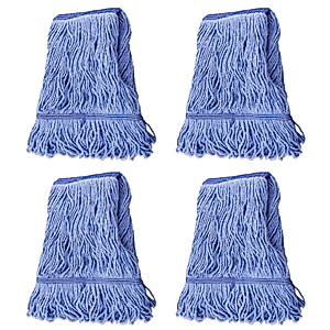 GRAREND Mop Head Replacement for Heavy Duty Commercial Mops for Floor Cleaning, Wet Industrial Blue Cotton Looped End String Head Refill (Pack of 4)