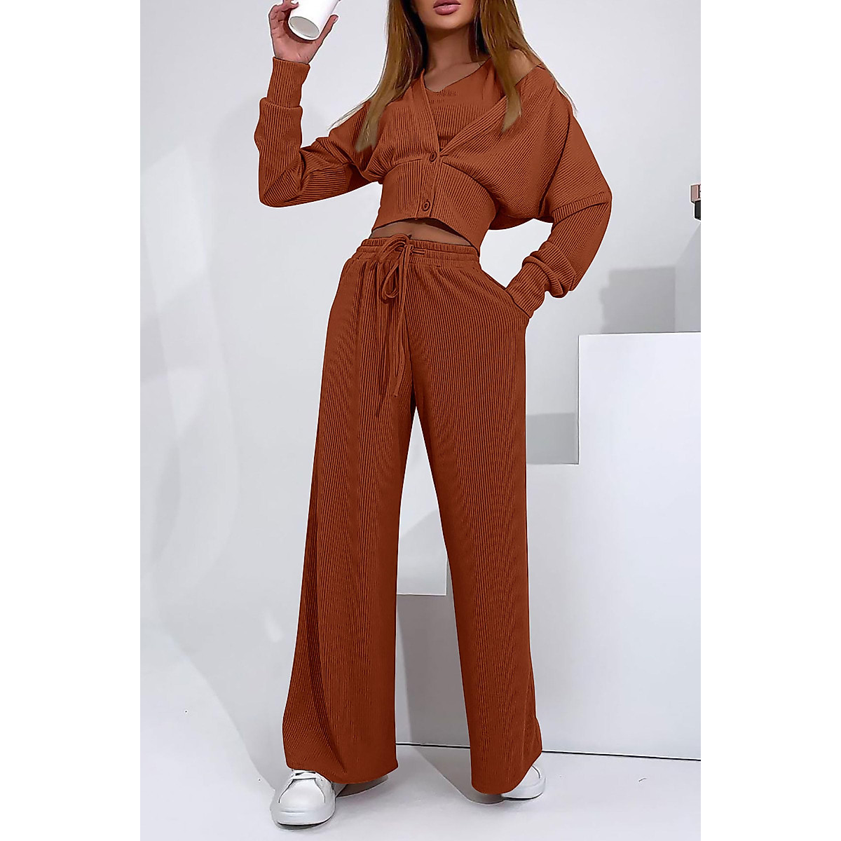 PRETTYGARDEN Womens 2024 Fall Track Suits 3 Piece Outfits Matching Sets Ribbed Knit Cardigan Cropped Tank Tops Wide Leg Pants (Brown,Large)