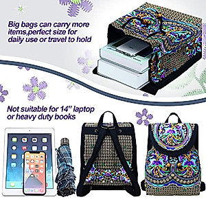 3 Pcs Women Vintage Embroidery Ethnic Handmade Backpack Flower Crossbody Bag Purse Travel Shoulder Bag(Purple Rose)