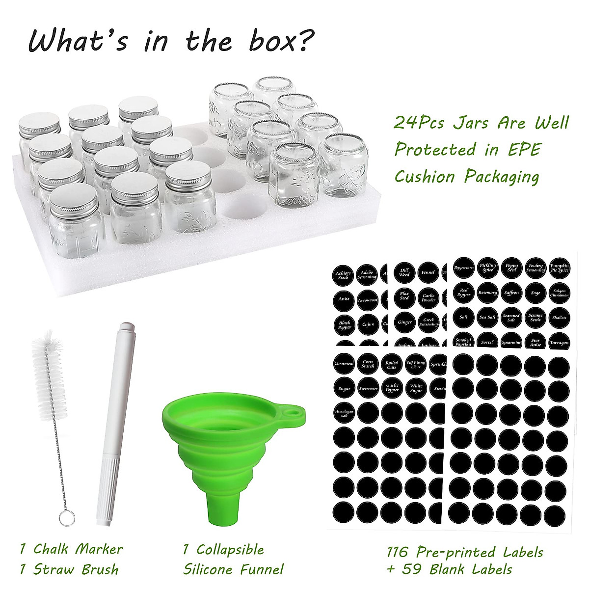 Spice Jars with Label 4oz 24Pcs, AuroTrends 4oz Glass Jars with Lids 24Pack Complete Set-Round Glass Spice Jars with Shaker Lids | Pre-printed Labels & Blank Labels | Chalk Marker | Straw Brush | Funnel