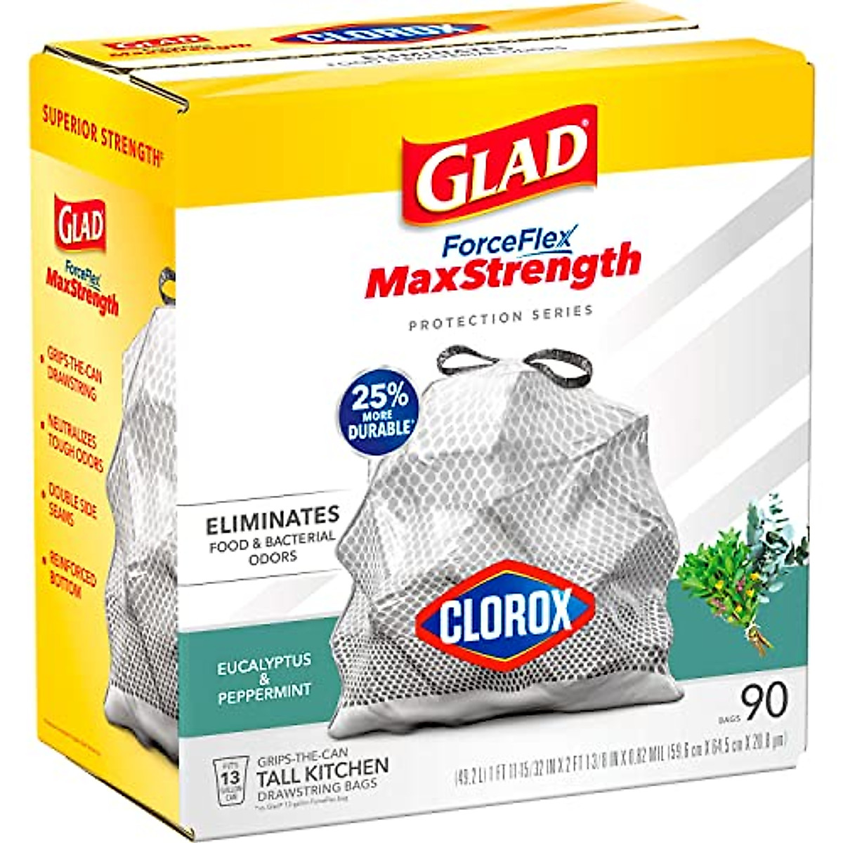 Glad ForceFlex MaxStrength with Clorox Tall Kitchen Drawstring Trash Bags, 13 Gallon Grey Trash Bags, Eucalyptus and Peppermint Scent, 90 Count