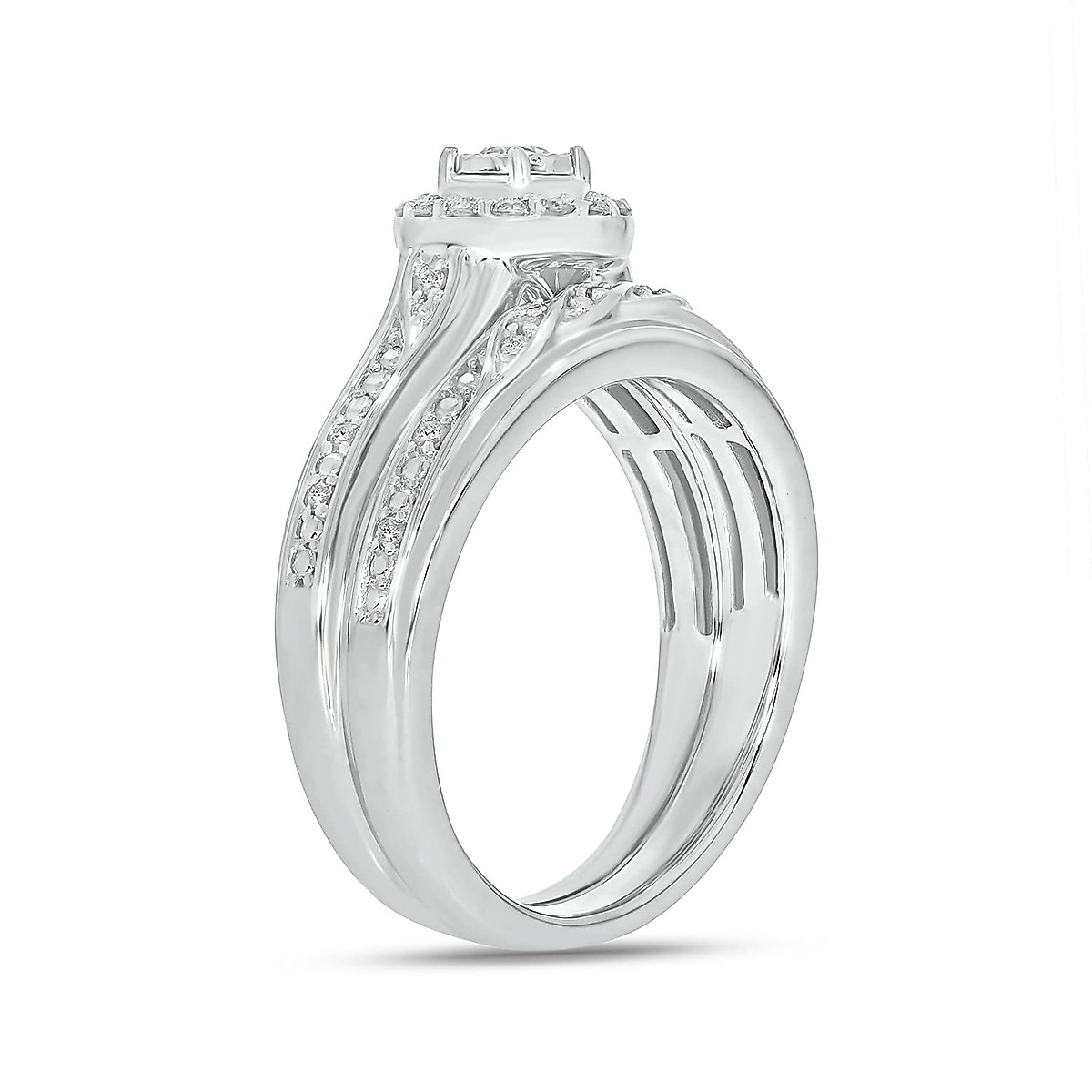 Cali Trove, 1/4cttw Diamond Halo Engagement Ring with Matching Diamond Wedding Band for Women in 925 Sterling Silver, Women's Silver Round Halo Wedding Ring Set with Diamond Accented Bands,7