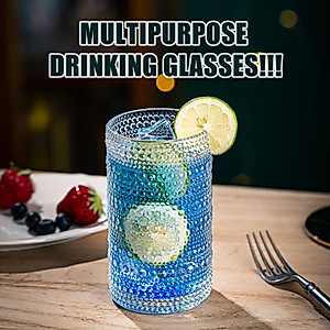 wookgreat Drinking Glasses, 8 pcs Embossed Designed Glass Cups, 15oz Highball Glasses, Tall Water Glass Tumbler, Mojito Cups, Cocktail Glass, Vintage Glassware Set for Water, Juice, Cocktail, Whiskey