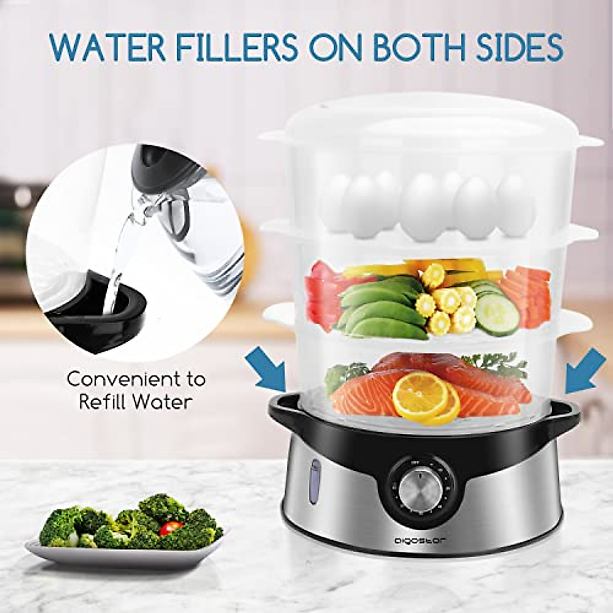 Aigostar 9.6 QT Food Steamer for Cooking, Electric Food Vegetable Steamer with BPA-Free 3 Tier Stackable Baskets, 800W Fast Heating, 60-min Timer, Auto Shutoff & Boil Dry Protection, Stainless Steel