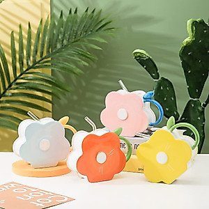 berjaya 13 oz Flower Shaped Ceramic Mug with Straw and Lid Large Capacity Coffee Home Decoration Gift (yellow)